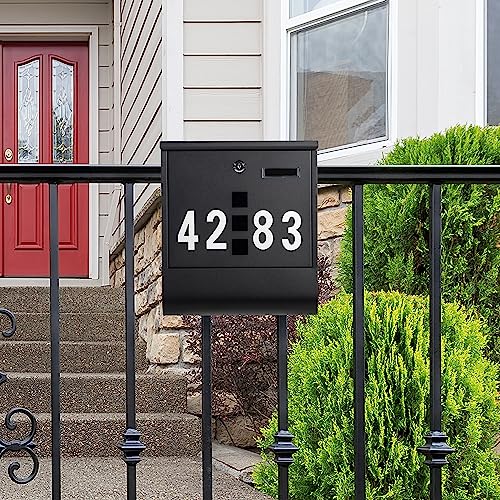 LAND·VOI Locking Mailbox with 4 Keys, Wall Mounted Metal Postbox,Nameplate, Newspaper Holder, Easy to Install, 3.4 x 11.8 x 13.3 Inches, Includes Vinyl Mailbox Numbers, Matt Black