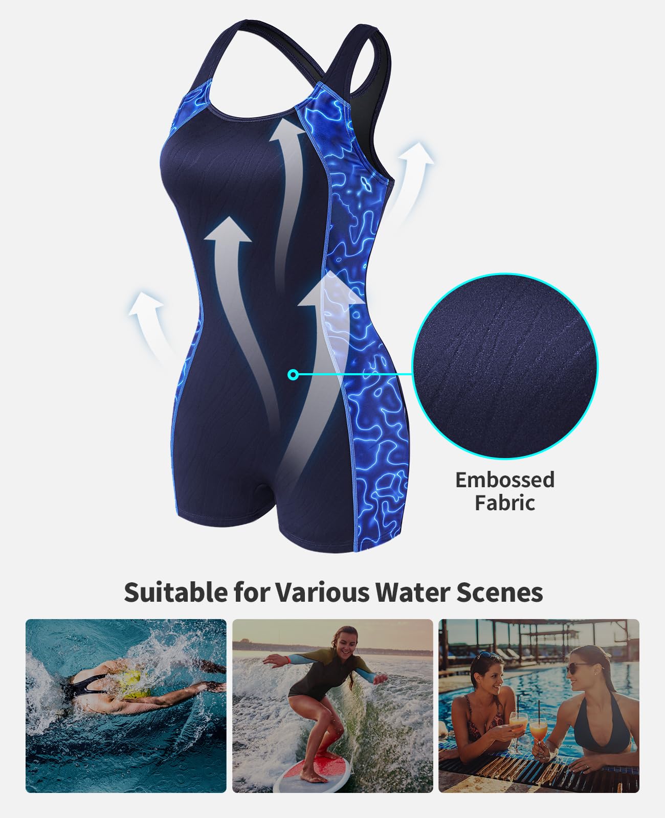 beautyin Womens One Piece Swimsuits Athletic Boyleg Bathing Suit Sports Training Boyshort Swimming Costume Blue/Navy