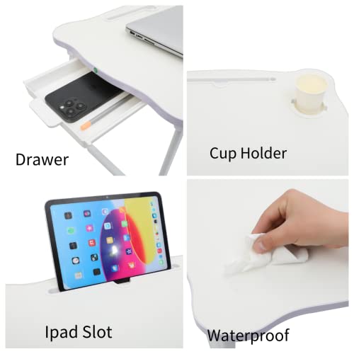 Foldable Laptop Bed Table Lap Desk Stand, Serving Tray Dining Table with Slot, with Foldable Legs & Cup Slot,Notebook Stand Holder, Working, Watching Movie on Bed/Couch/Sofa/Floor (White)