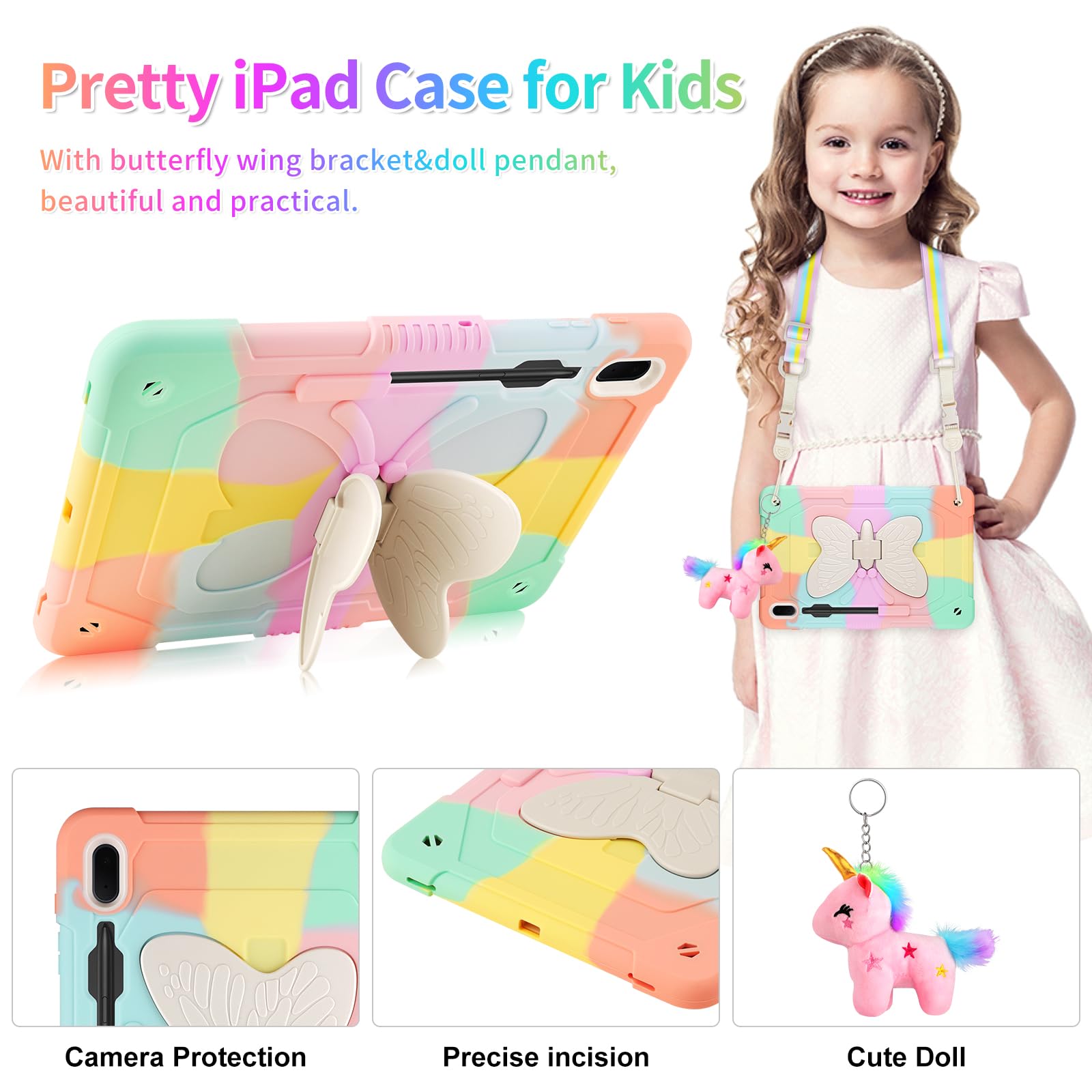 for Galaxy Tab S8 Plus Case for Galaxy Tab S7 FE Case with Screen Protector Butterfly Stand Strap Dolls Pencil Holder Hard Cover Kids Girls for Galaxy Tab S8+ 2022/S7 FE 2021/S7+2020 12.4''-Pink