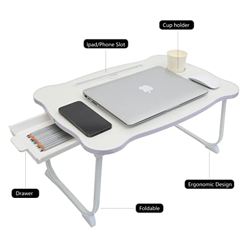 Foldable Laptop Bed Table Lap Desk Stand, Serving Tray Dining Table with Slot, with Foldable Legs & Cup Slot,Notebook Stand Holder, Working, Watching Movie on Bed/Couch/Sofa/Floor (White)