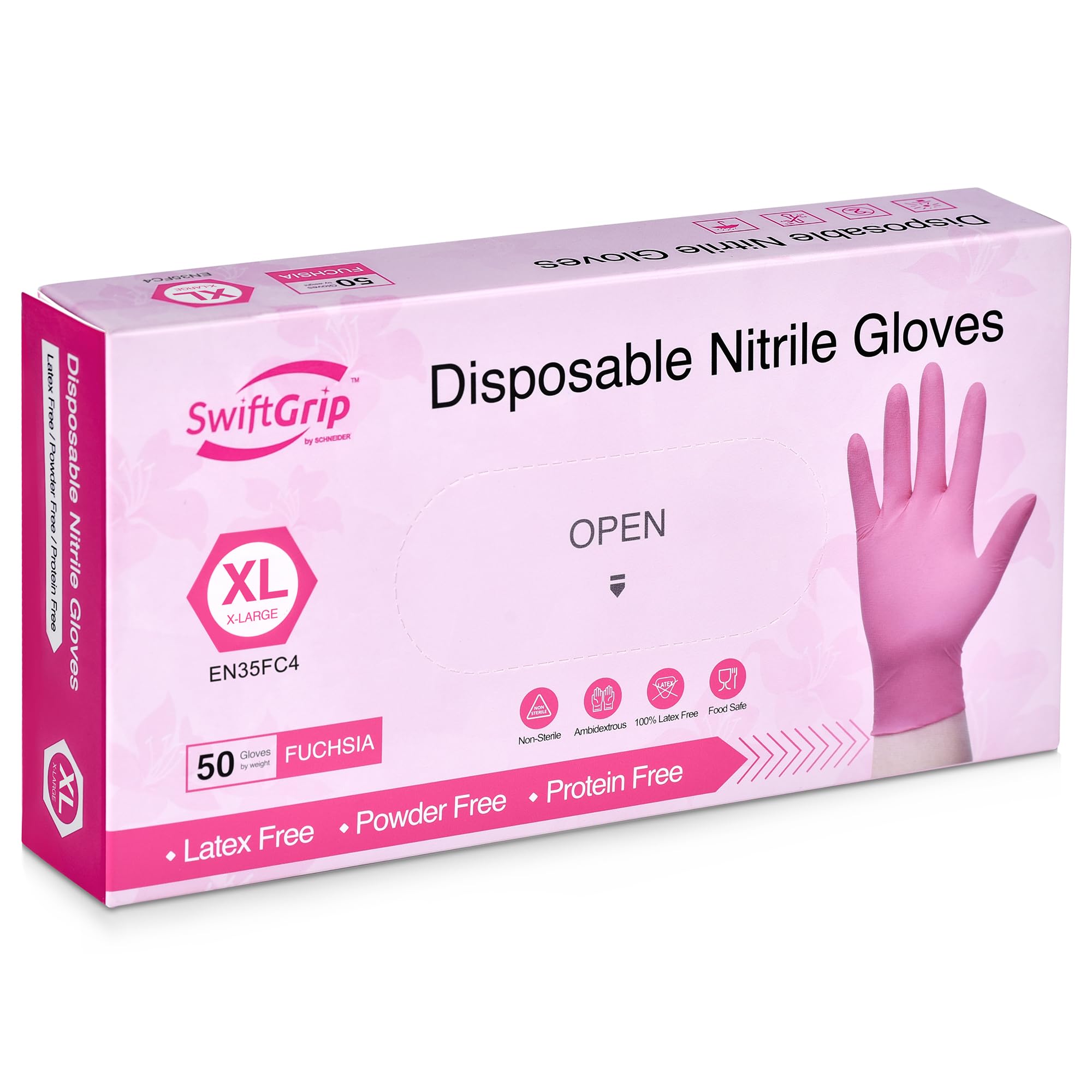 SwiftGrip Powder-Free Nitrile Gloves, X-Small, 50ct Box - 3-mil, Disposable, Latex-Free, for Kitchen, Cleaning, Estheticians, Hair Stylist - Pink/Fuchsia