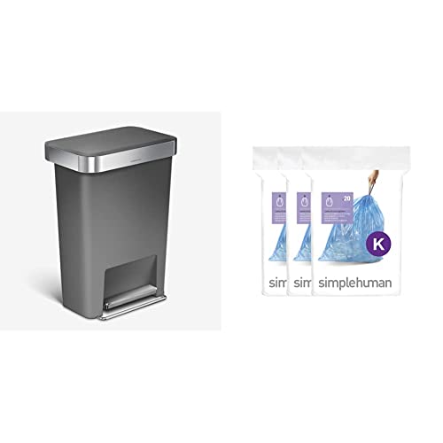 simplehuman 45 Liter Rectangular Kitchen Step Trash Can with Soft-Close Lid, Grey Plastic & Code K Custom Fit Drawstring Trash Bags, 35-45 Liter, 60 Liners, Blue, Count