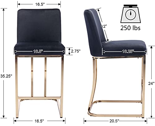 VESCASA 24" H Counter Height Barstools with Back, Mid Century Modern Velvet Upholstered Counter Stool Chairs with Gold Metal Frame for Kitchen Island, Bar, Pub, Set of 2, Black