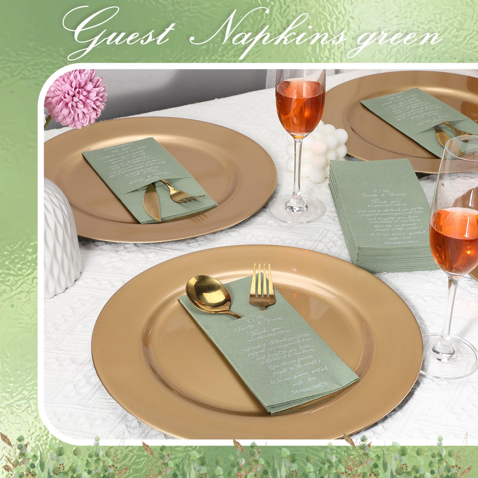 Tatuo 100 Pack Sage Green Napkins Disposable Linen Feel Dinner Napkins with Built in Flatware Pocket Sage Green Paper Napkins for Wedding Dinner Lunch Kitchen Birthday Party Favors