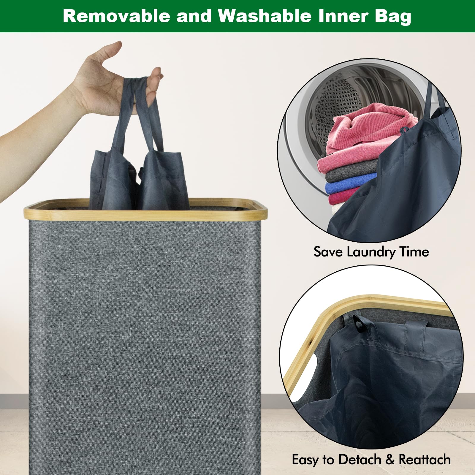 ZHSX Laundry Hamper/Basket with Lid, 100L Large Laundry Hamper/Basket/Bin with Bamboo Handle, Foldable Clothes Basket Organizer with Two Removable Inner Bags, Odor-Resistant and Waterproof(Grey)