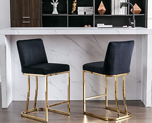 VESCASA 24" H Counter Height Barstools with Back, Mid Century Modern Velvet Upholstered Counter Stool Chairs with Gold Metal Frame for Kitchen Island, Bar, Pub, Set of 2, Black