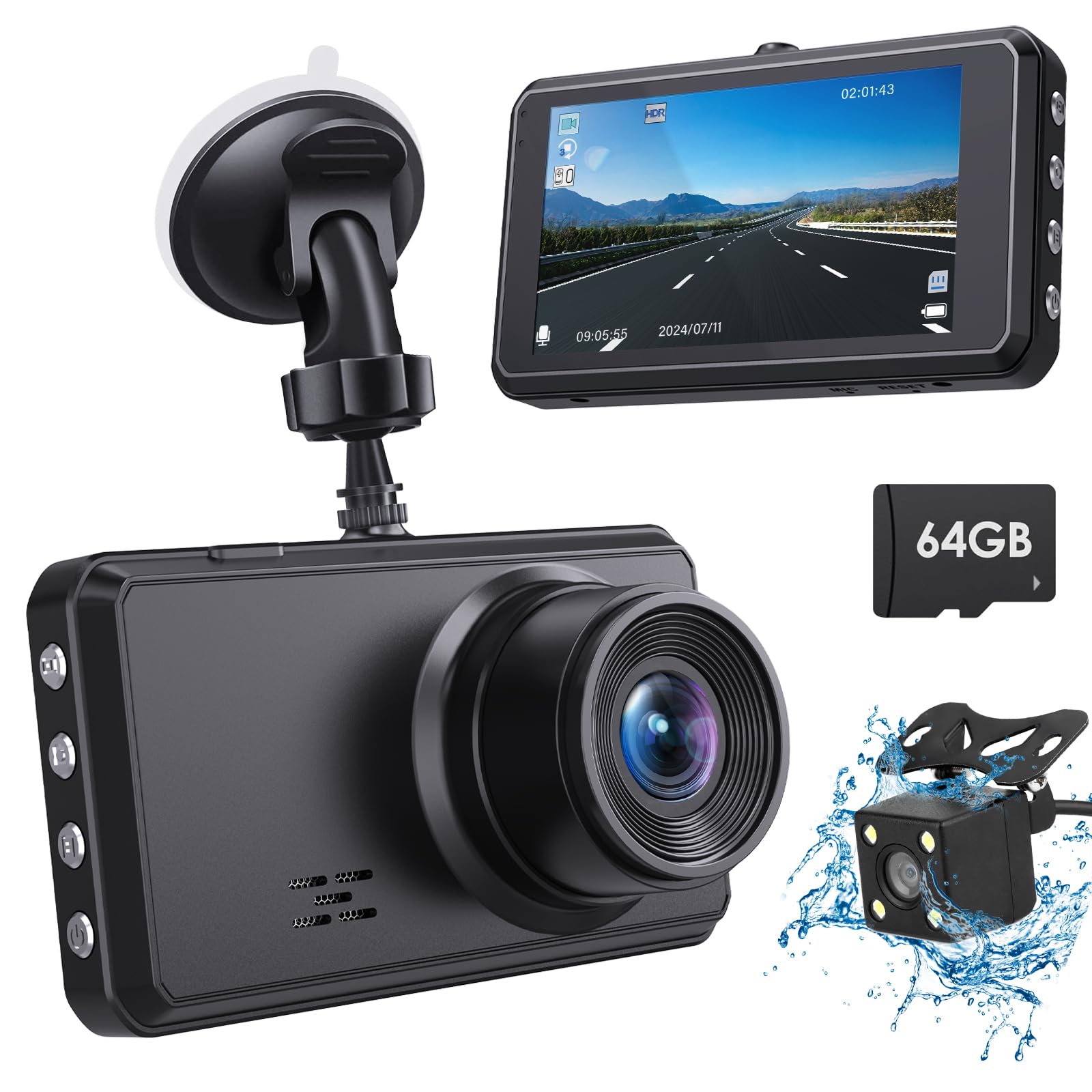 SHRINLUCK 2K Dual Dash Camera for Cars, Free 64G SD Card, FHD 2K+1080P Dash Cam Front and Rear,3.2'' IPS Screen,176° Wide Angle Dashcam,24H Parking Monitor,G-Sensor,Loop Recording,Night Vision,WDR