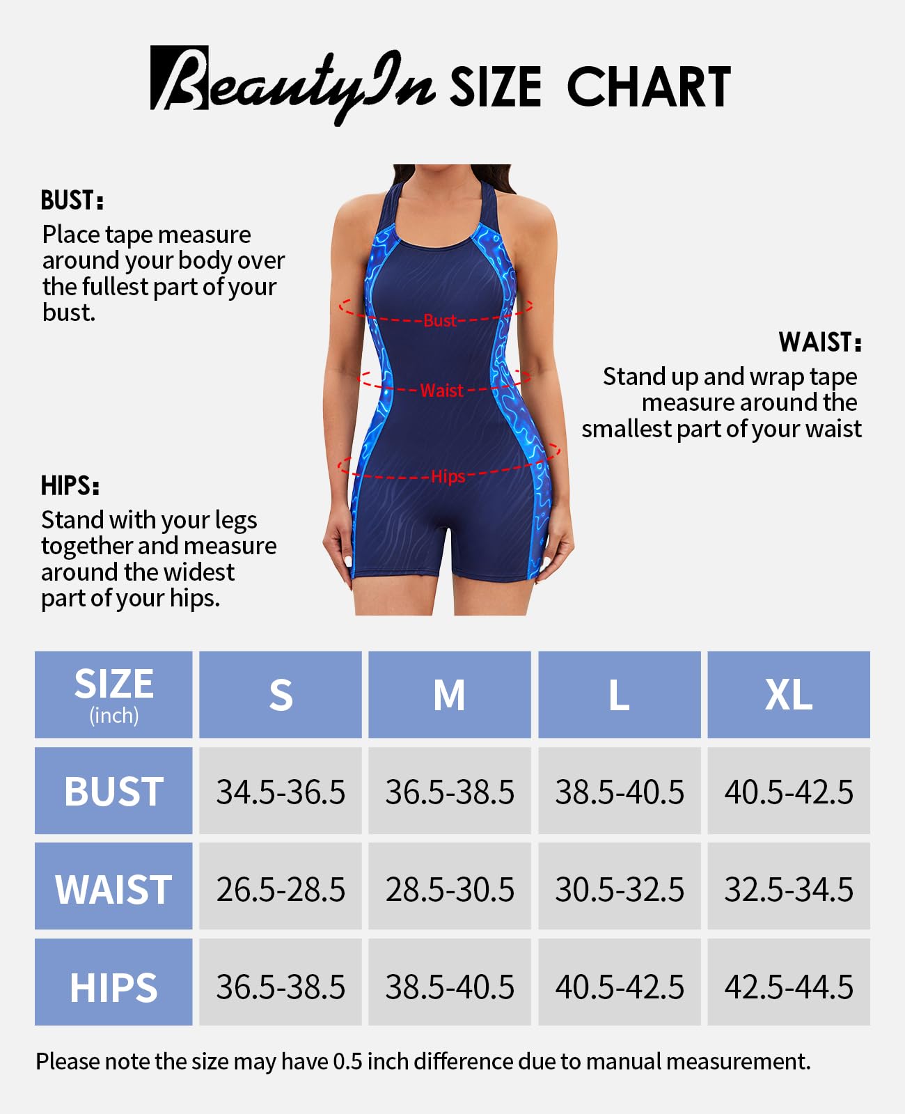 beautyin Womens One Piece Swimsuits Athletic Boyleg Bathing Suit Sports Training Boyshort Swimming Costume Blue/Navy