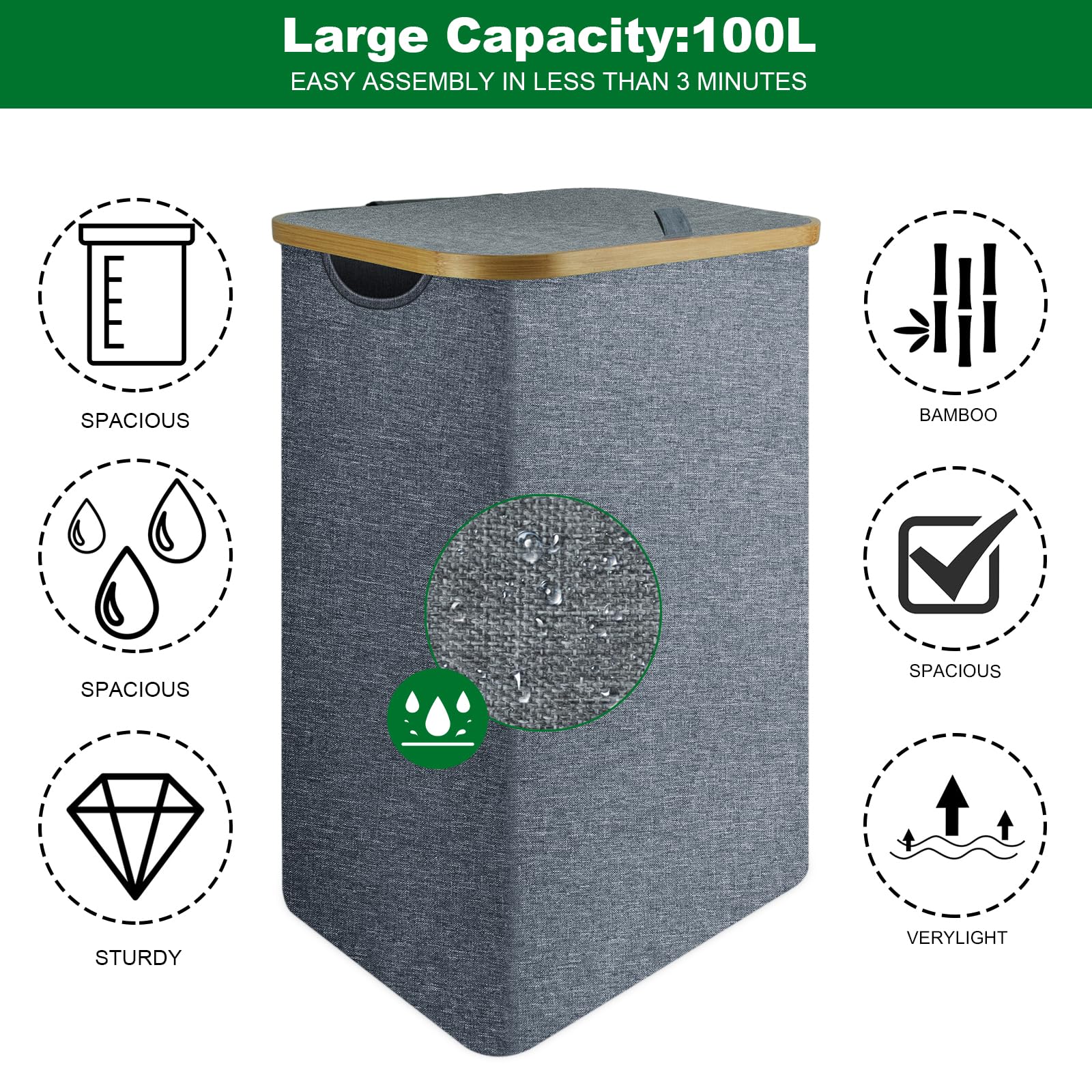 ZHSX Laundry Hamper/Basket with Lid, 100L Large Laundry Hamper/Basket/Bin with Bamboo Handle, Foldable Clothes Basket Organizer with Two Removable Inner Bags, Odor-Resistant and Waterproof(Grey)