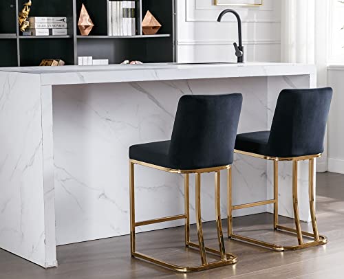 VESCASA 24" H Counter Height Barstools with Back, Mid Century Modern Velvet Upholstered Counter Stool Chairs with Gold Metal Frame for Kitchen Island, Bar, Pub, Set of 2, Black