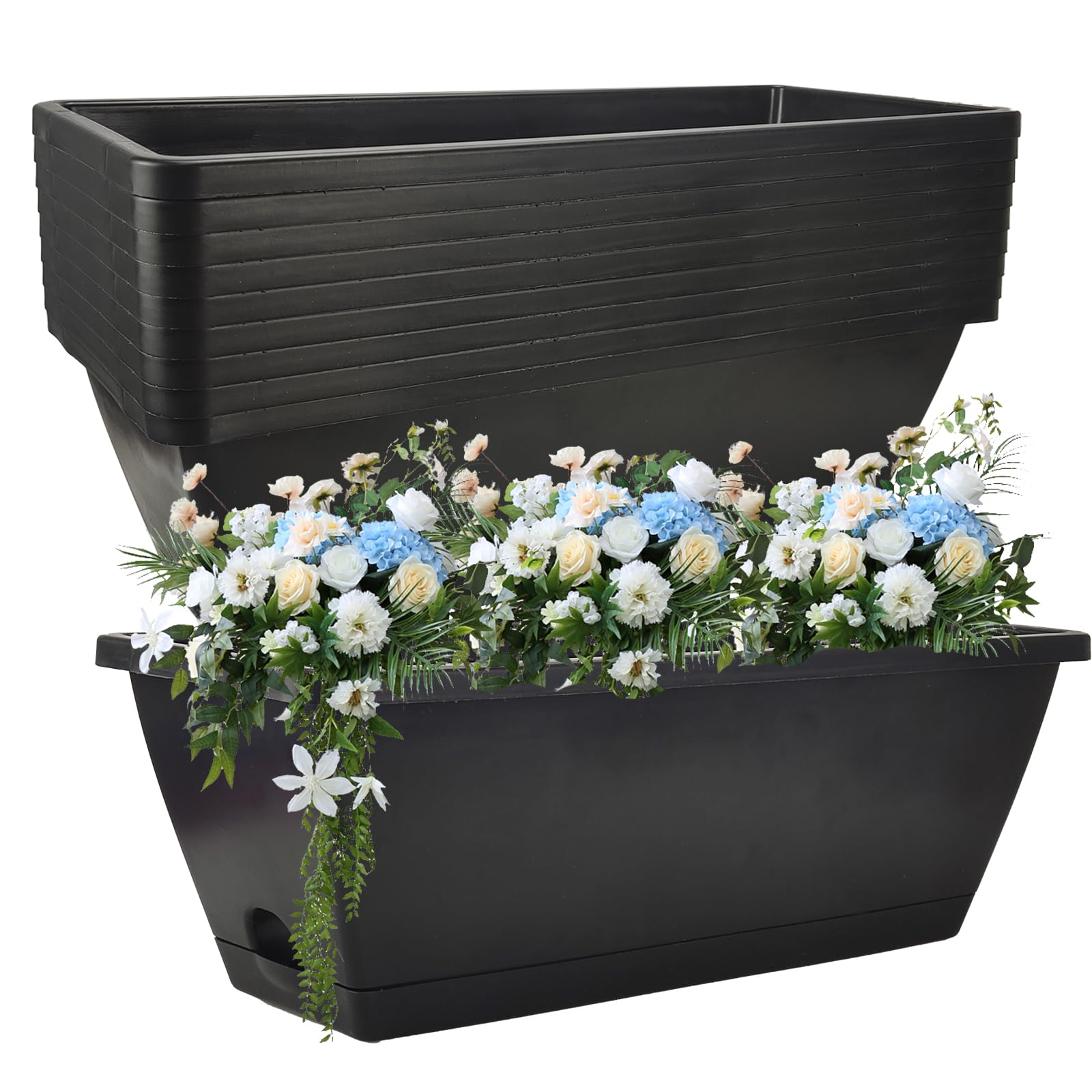 QPEY Window Box Planter, 10 Pack 17 Inch Plastic Flower Box with Tray Rectangular Planters for Outdoor Indoor Plants Garden Home Decor (Black)