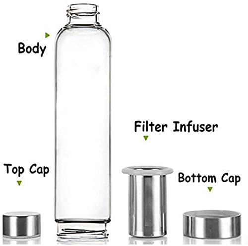 NC Glass Water Bottles with Infuser Strainer 18oz Glass Water Bottle with Stainless Steel Filter Leak Proof Tea Tumbler with Nylon Protective Sleeve (Black, 18OZ)