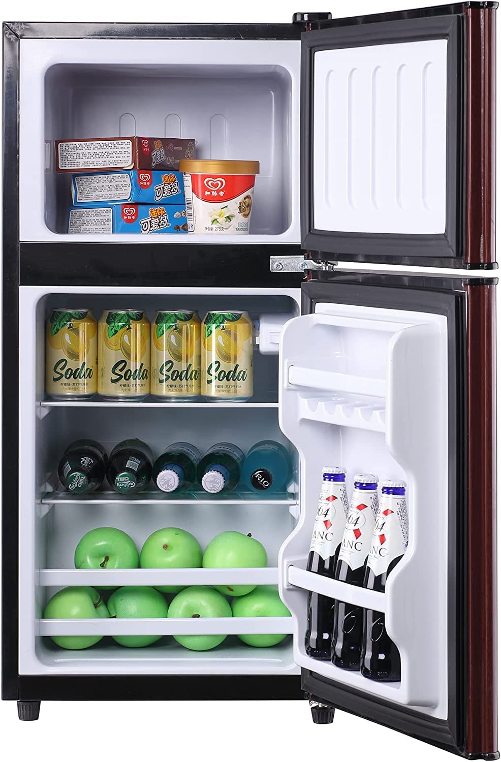 QIYO 3.5 Cu.Ft Compact Fridge-Freezer Combo, Enhanced Freshness Technology, Energy-Efficient Dual Doors, 7-Tier Temperature Control for Kitchen, Dorm, Bar, Office, Apartment - Wooden Finish