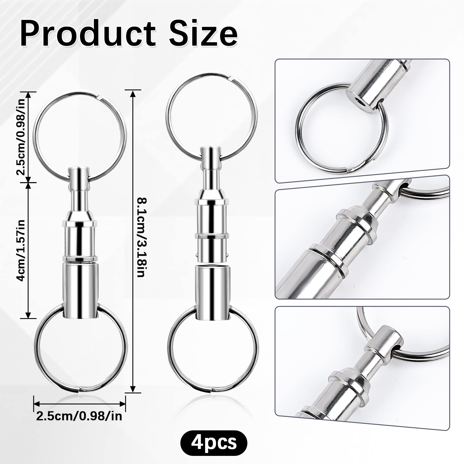 KALIONE 4 Sets Quick Release Detachable Keychain, Swivel Pull Apart Key Chain, Mini Detachable Keychain Rings with 4 Stainless Steel Key Rings for Home Office Outdoor Accessory Supplies(Silver)