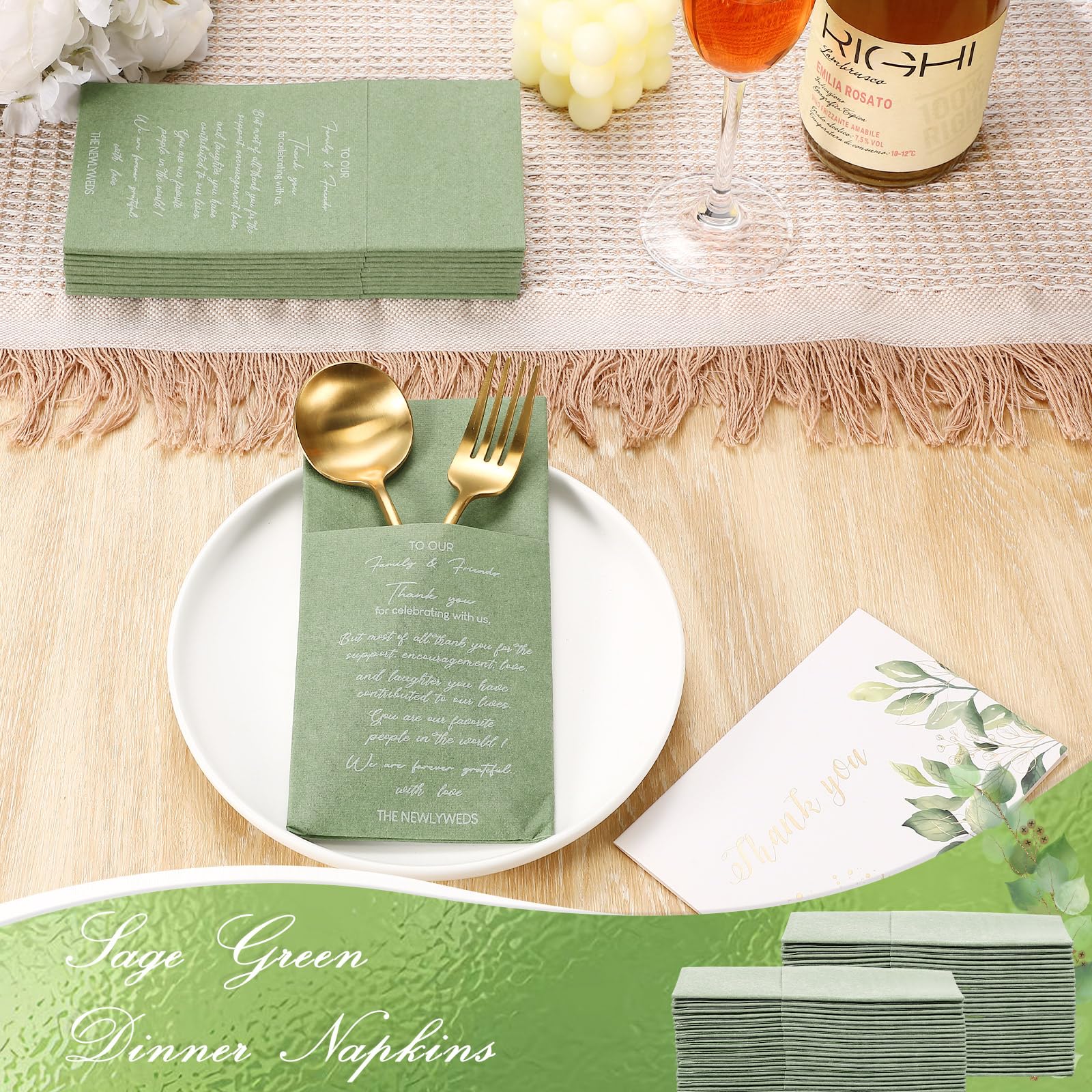 Tatuo 100 Pack Sage Green Napkins Disposable Linen Feel Dinner Napkins with Built in Flatware Pocket Sage Green Paper Napkins for Wedding Dinner Lunch Kitchen Birthday Party Favors