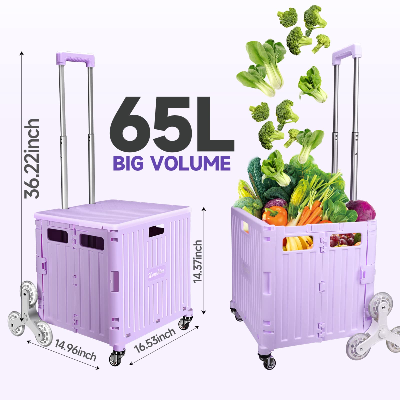 Honshine Foldable Cart with Stair Climbing Wheels, Collapsible Rolling Crate with Telescoping Handle, Handcart for Grocery Book File Tool Art Supplies(Lavender)