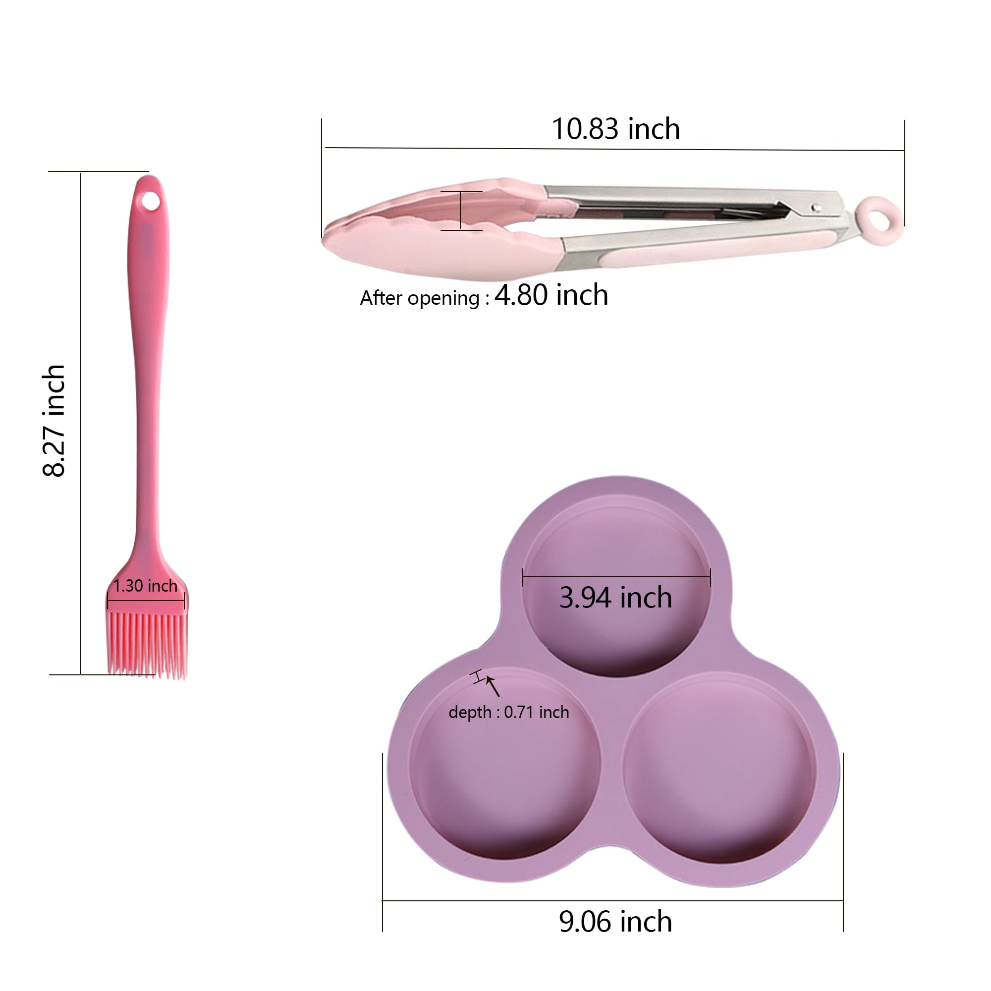 ZHUOMINGJIA 2Pcs Silicone Air Fryer Egg Pan with Silicone Basting Brush for Baking and Silicone Tong,Reusable 3 Cavity Silicone Air Fryer Egg Pan,for make food using air fryers or ovens(4PCS,Pink)