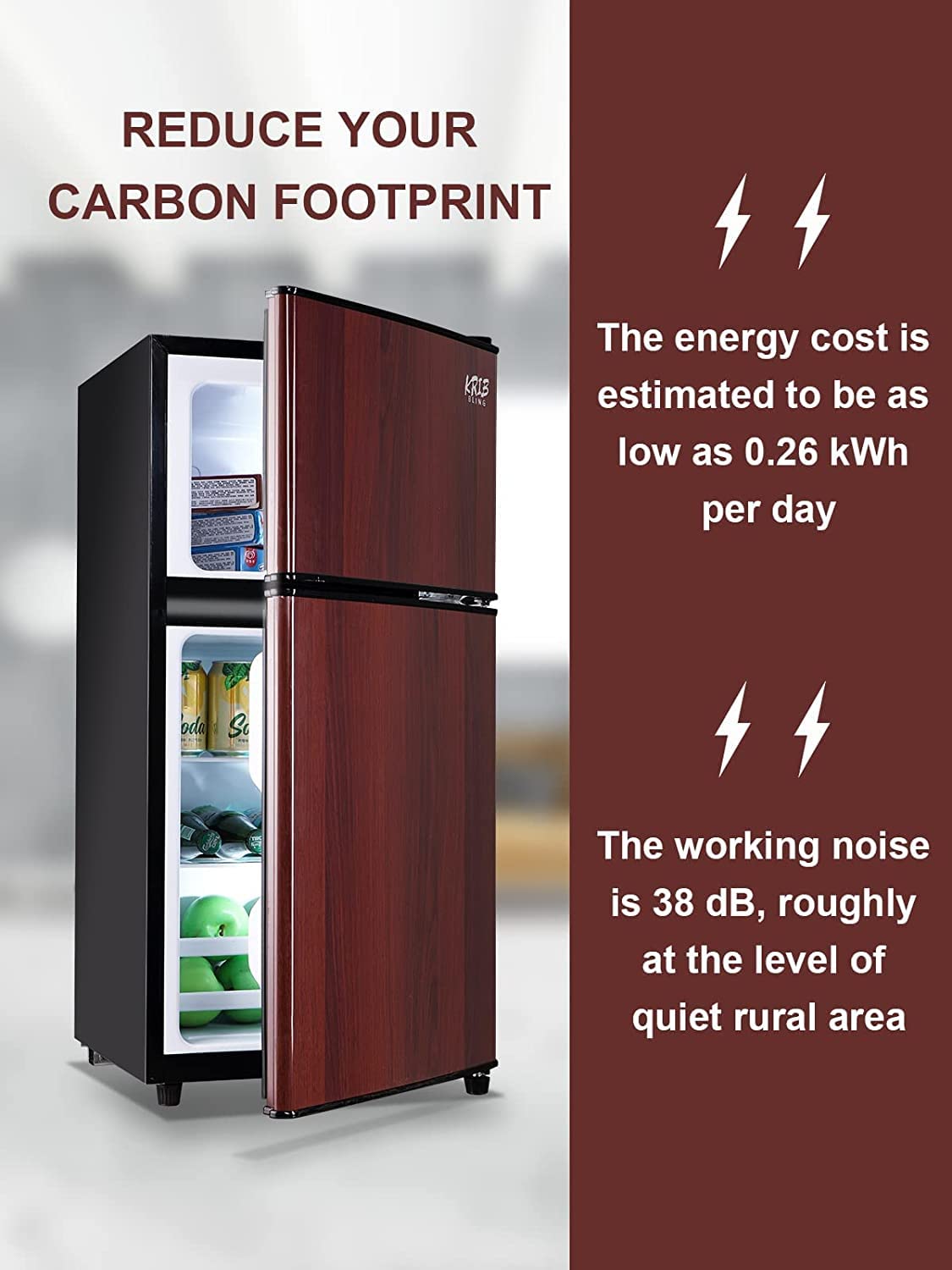QIYO 3.5 Cu.Ft Compact Fridge-Freezer Combo, Enhanced Freshness Technology, Energy-Efficient Dual Doors, 7-Tier Temperature Control for Kitchen, Dorm, Bar, Office, Apartment - Wooden Finish