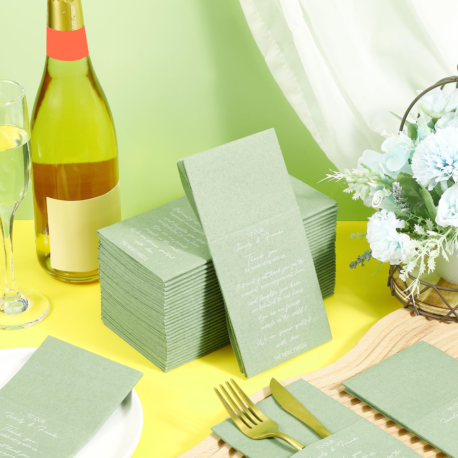 Tatuo 100 Pack Sage Green Napkins Disposable Linen Feel Dinner Napkins with Built in Flatware Pocket Sage Green Paper Napkins for Wedding Dinner Lunch Kitchen Birthday Party Favors