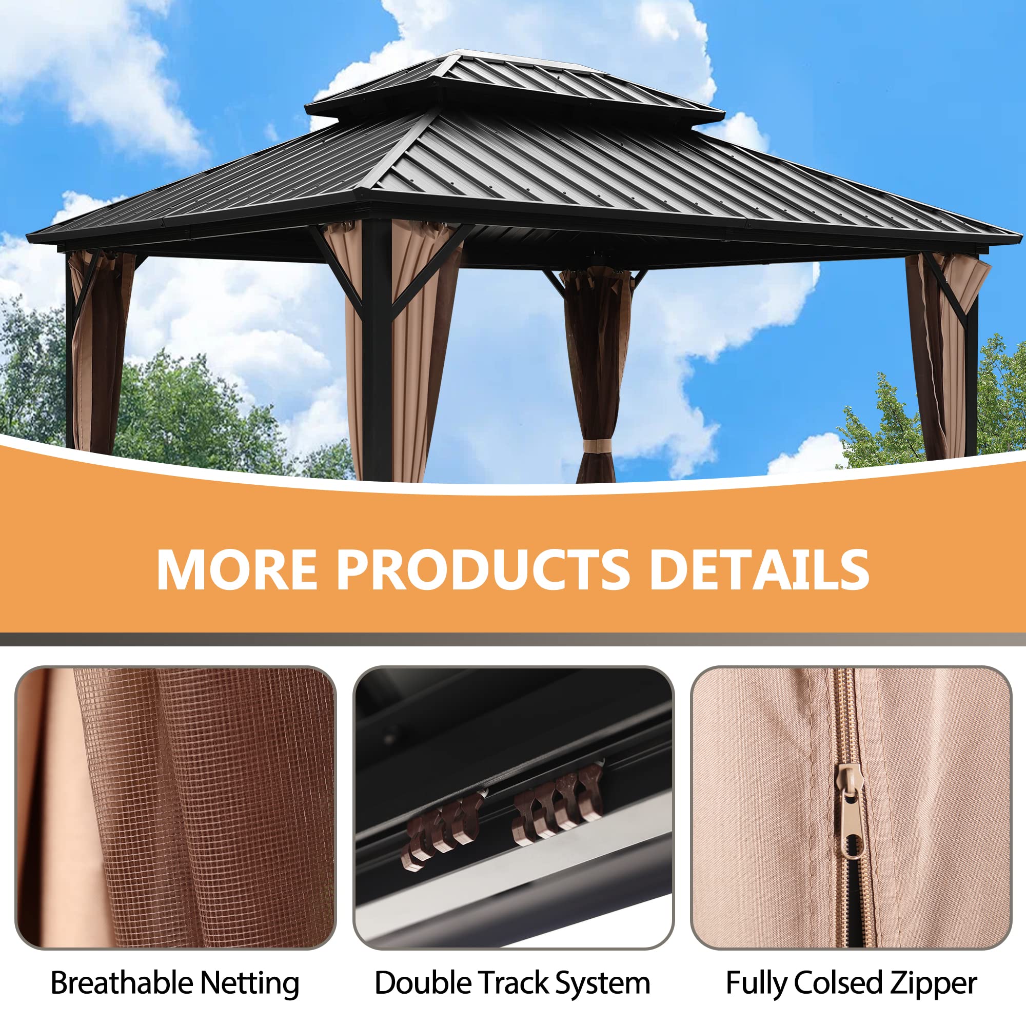 QZEN 10' x 12' Hardtop Gazebo with Netting and Curtains, Double Roof Permanent Metal Gazebo, Aluminum Frame Patio Gazebo for Backyard, Garden, Lawn and Deck