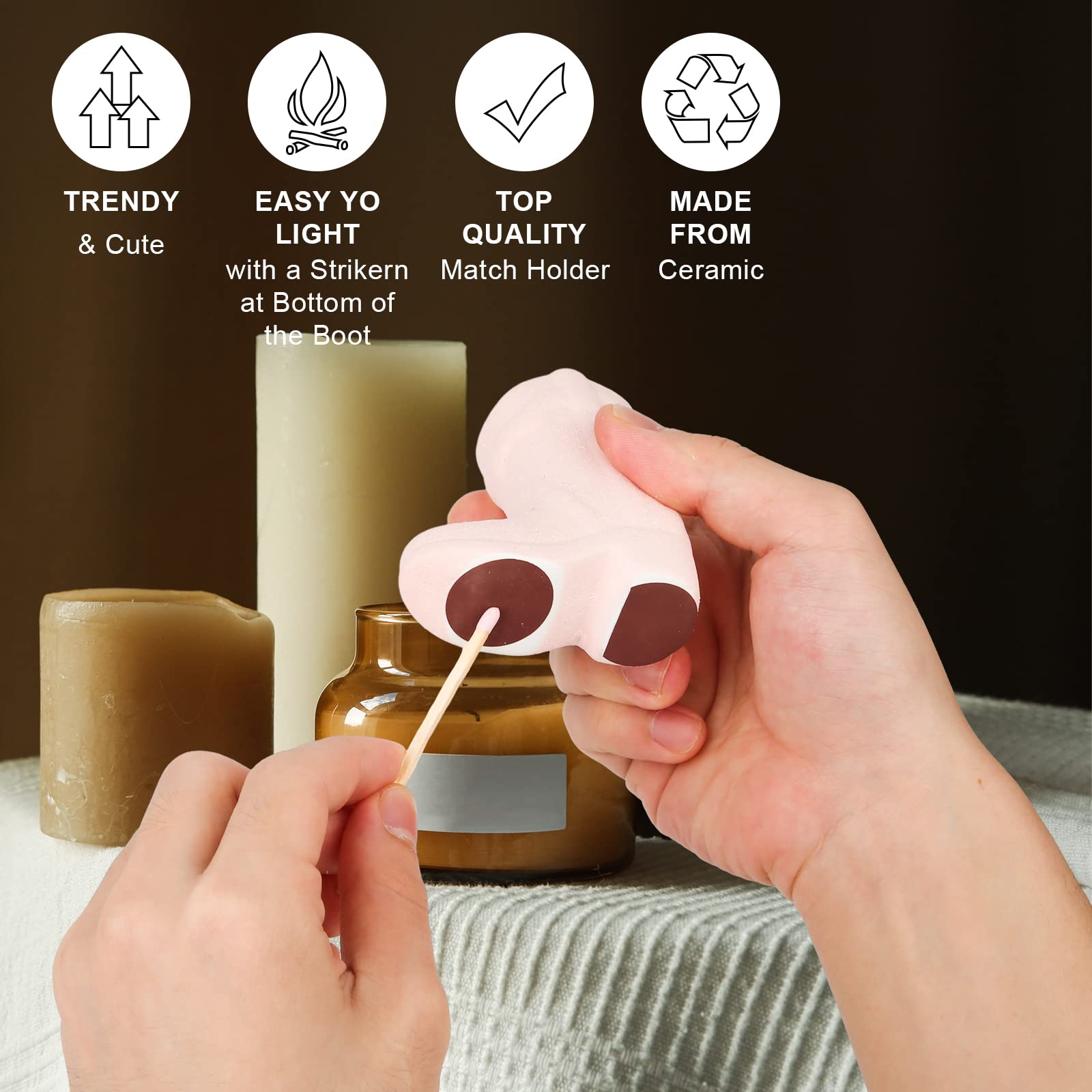 Cowboy Boot Match Holder, Ceramic Boot Match Holder with Striker Cute Indoor Decorative Accessory for Bathroom Bedroom Kitchen (Pink)