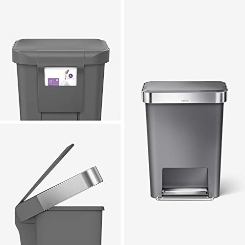 simplehuman 45 Liter Rectangular Kitchen Step Trash Can with Soft-Close Lid, Grey Plastic & Code K Custom Fit Drawstring Trash Bags, 35-45 Liter, 60 Liners, Blue, Count