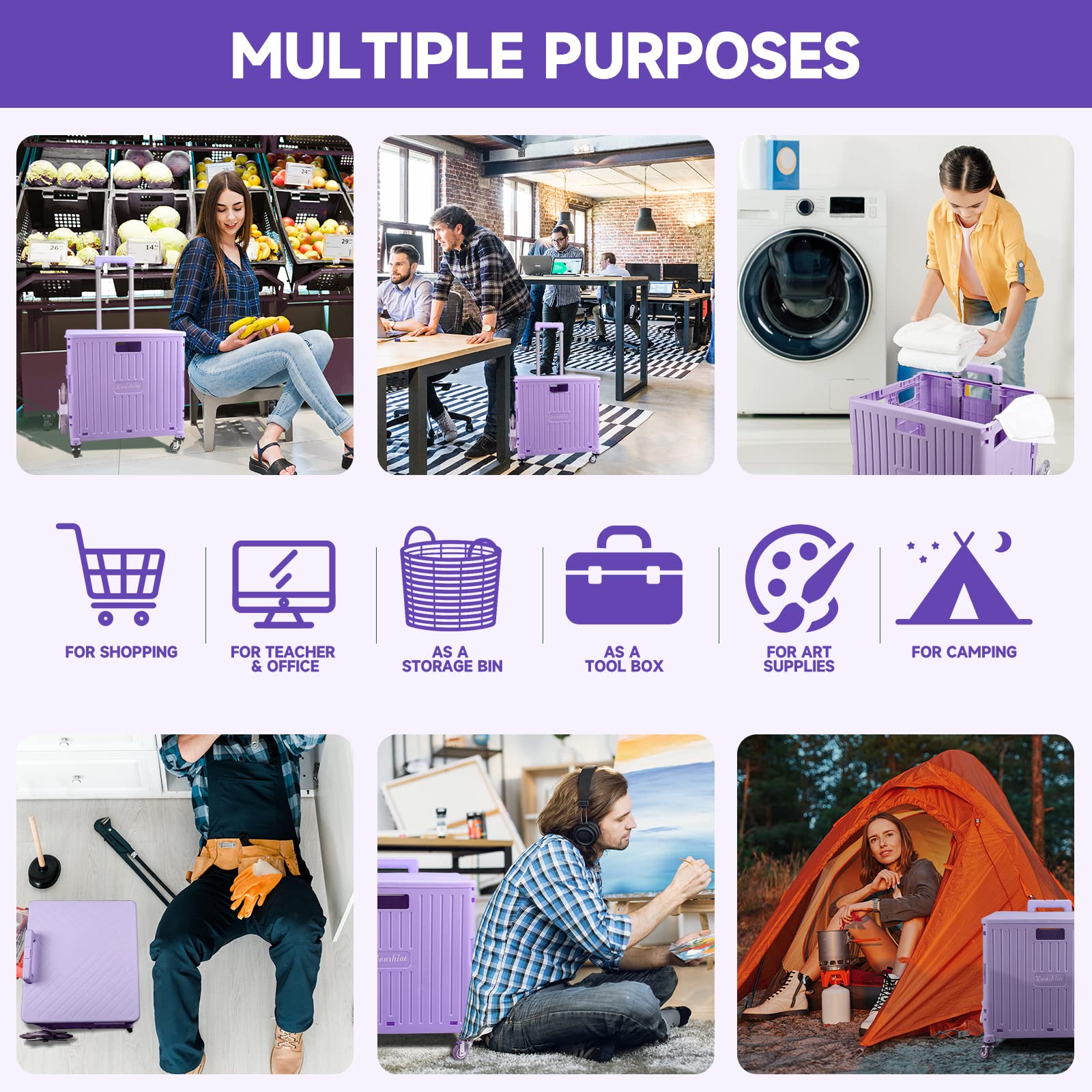 Honshine Foldable Cart with Stair Climbing Wheels, Collapsible Rolling Crate with Telescoping Handle, Handcart for Grocery Book File Tool Art Supplies(Lavender)