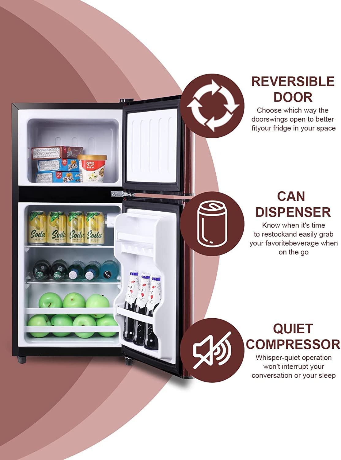 QIYO 3.5 Cu.Ft Compact Fridge-Freezer Combo, Enhanced Freshness Technology, Energy-Efficient Dual Doors, 7-Tier Temperature Control for Kitchen, Dorm, Bar, Office, Apartment - Wooden Finish