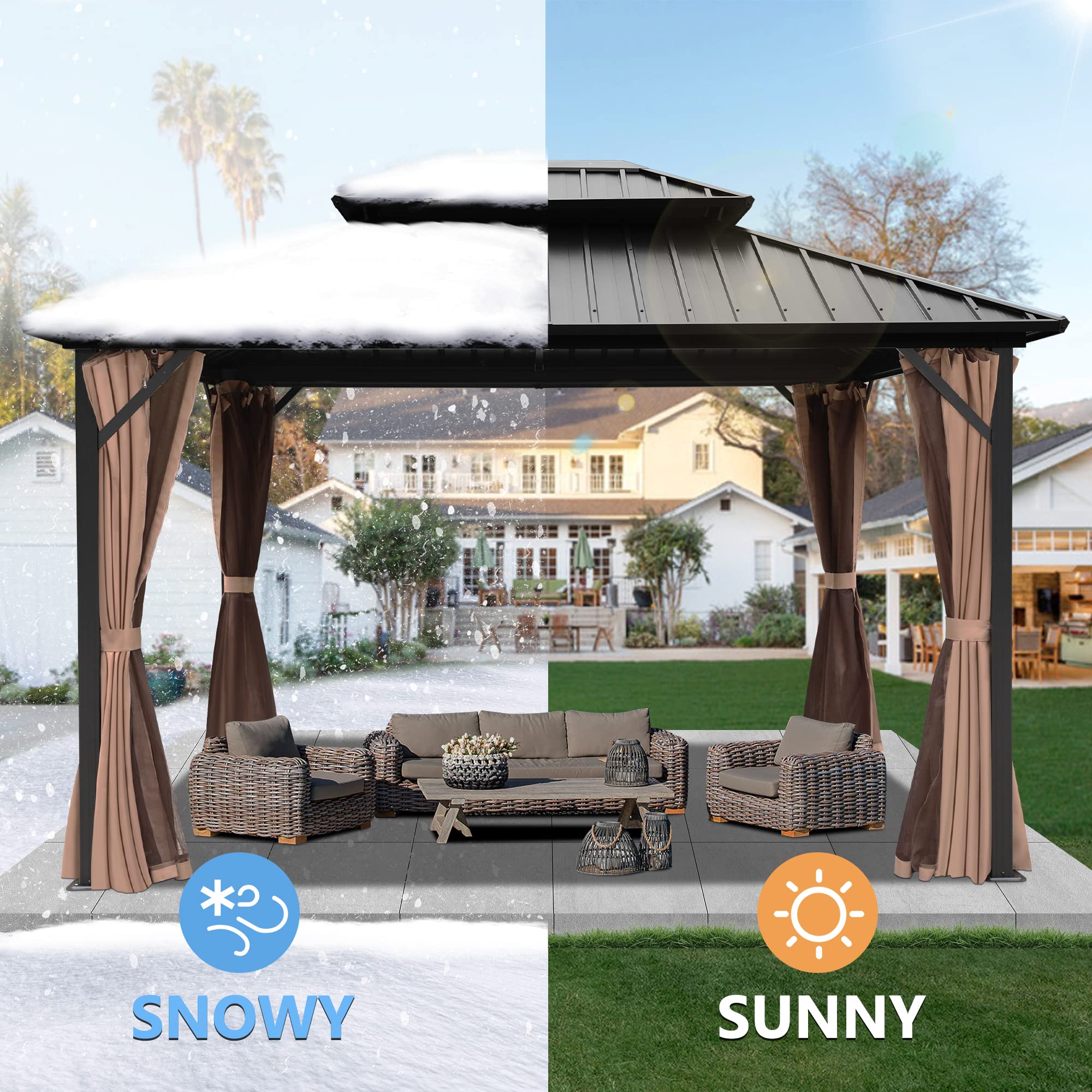 QZEN 10' x 12' Hardtop Gazebo with Netting and Curtains, Double Roof Permanent Metal Gazebo, Aluminum Frame Patio Gazebo for Backyard, Garden, Lawn and Deck