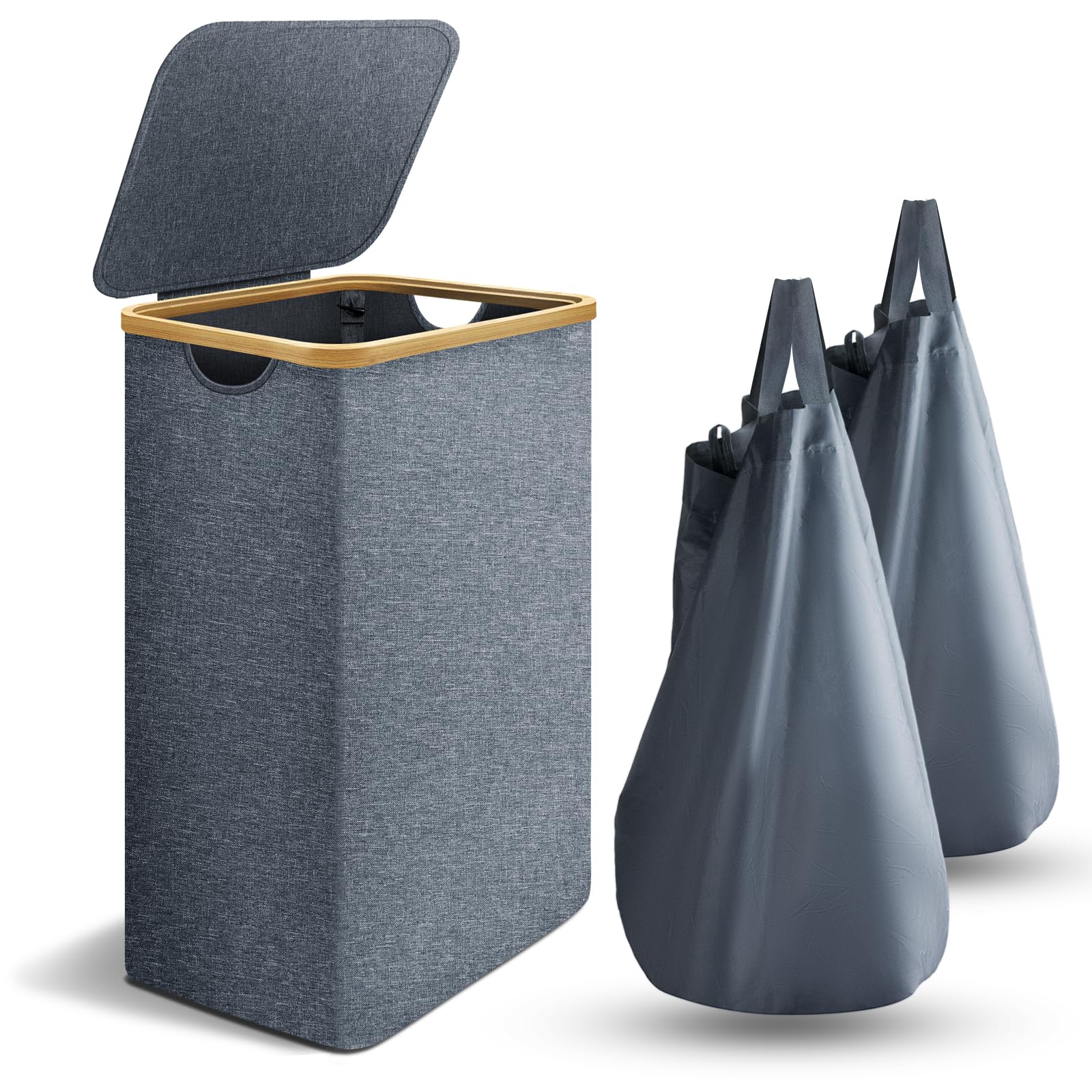 ZHSX Laundry Hamper/Basket with Lid, 100L Large Laundry Hamper/Basket/Bin with Bamboo Handle, Foldable Clothes Basket Organizer with Two Removable Inner Bags, Odor-Resistant and Waterproof(Grey)