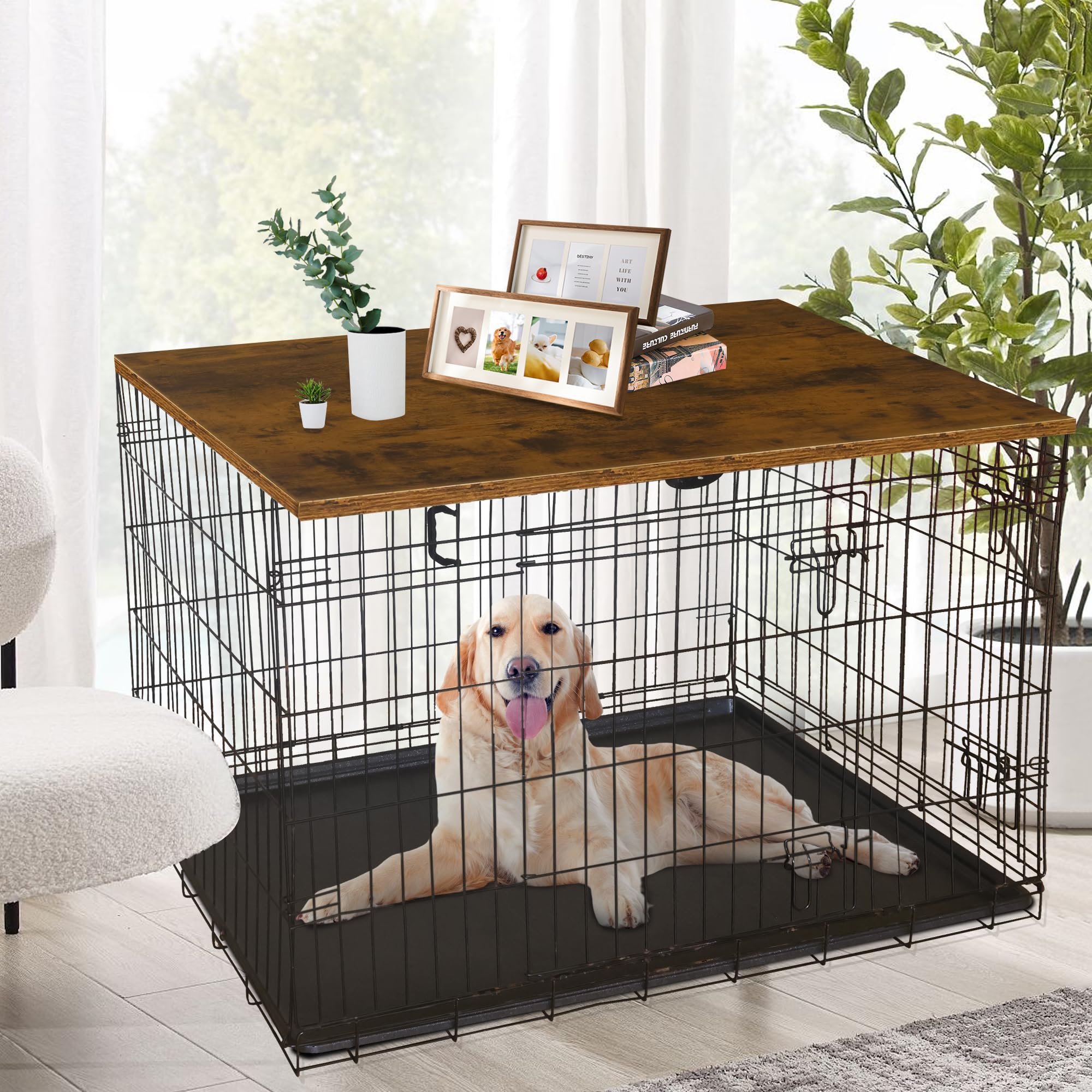 HiCaptain Dog Kennel Wood Table Top, 48 inches Wooden Dog Crate Table Topper, Durable Decorative Dog Kennel Table Topper for Large Dogs Rustic Style
