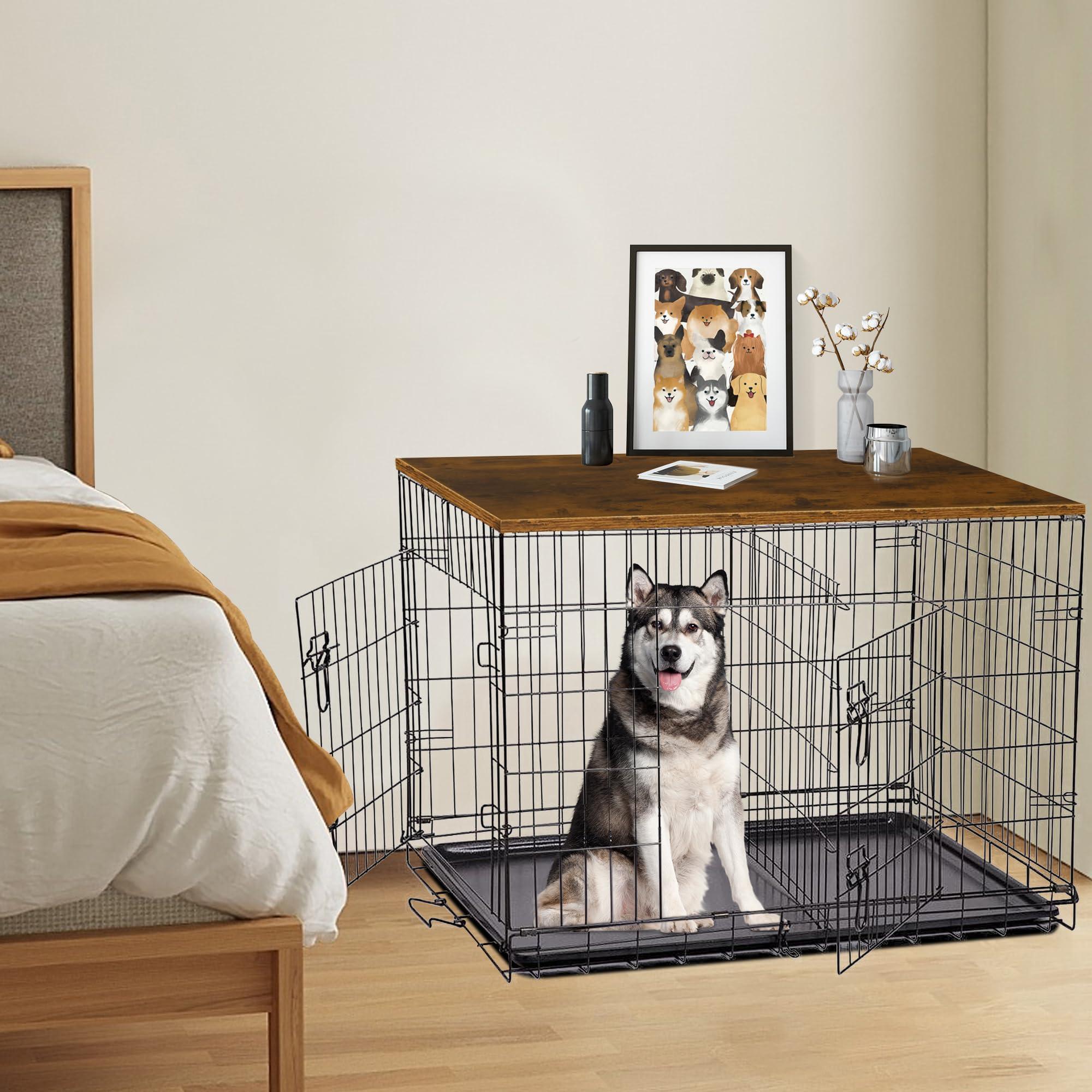 HiCaptain Dog Kennel Wood Table Top, 48 inches Wooden Dog Crate Table Topper, Durable Decorative Dog Kennel Table Topper for Large Dogs Rustic Style