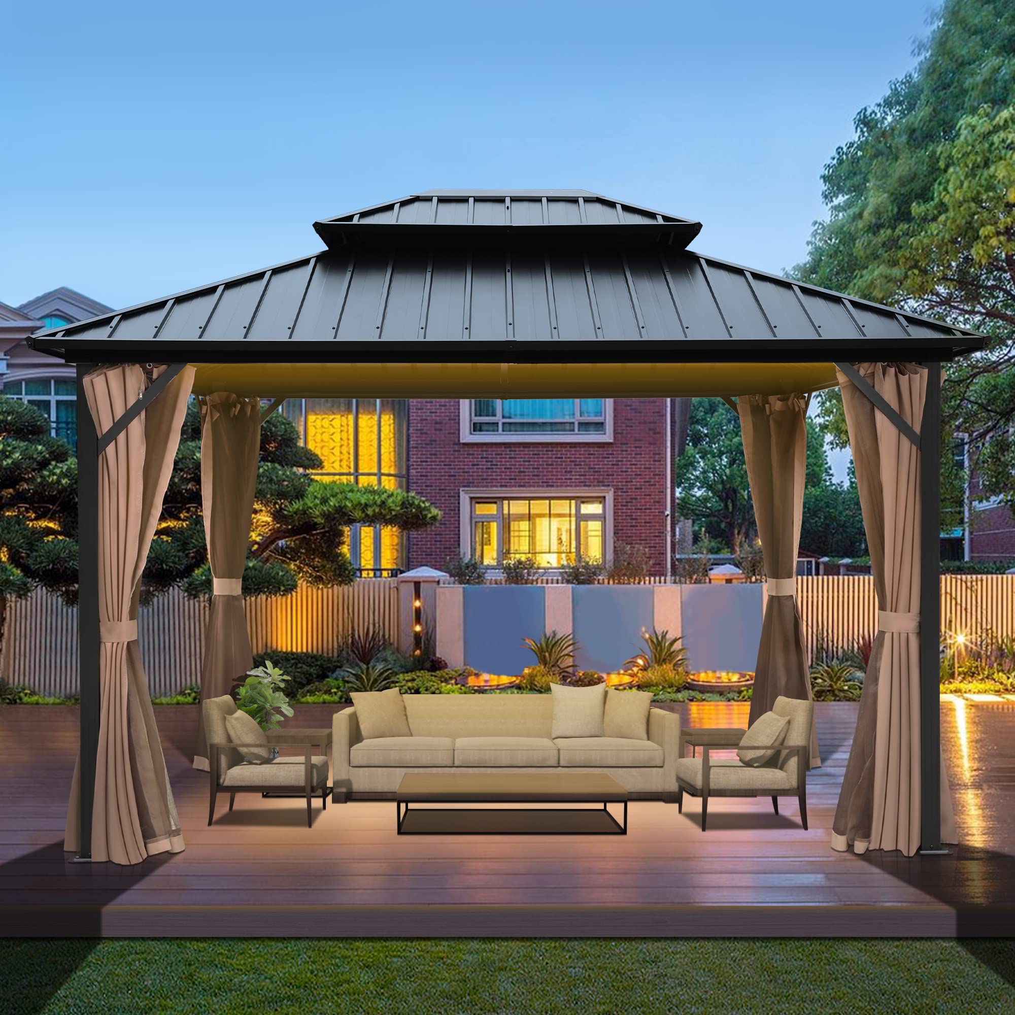 QZEN 10' x 12' Hardtop Gazebo with Netting and Curtains, Double Roof Permanent Metal Gazebo, Aluminum Frame Patio Gazebo for Backyard, Garden, Lawn and Deck