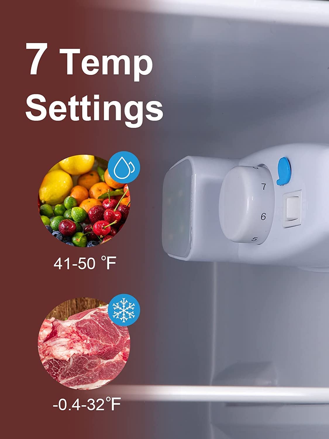 QIYO 3.5 Cu.Ft Compact Fridge-Freezer Combo, Enhanced Freshness Technology, Energy-Efficient Dual Doors, 7-Tier Temperature Control for Kitchen, Dorm, Bar, Office, Apartment - Wooden Finish