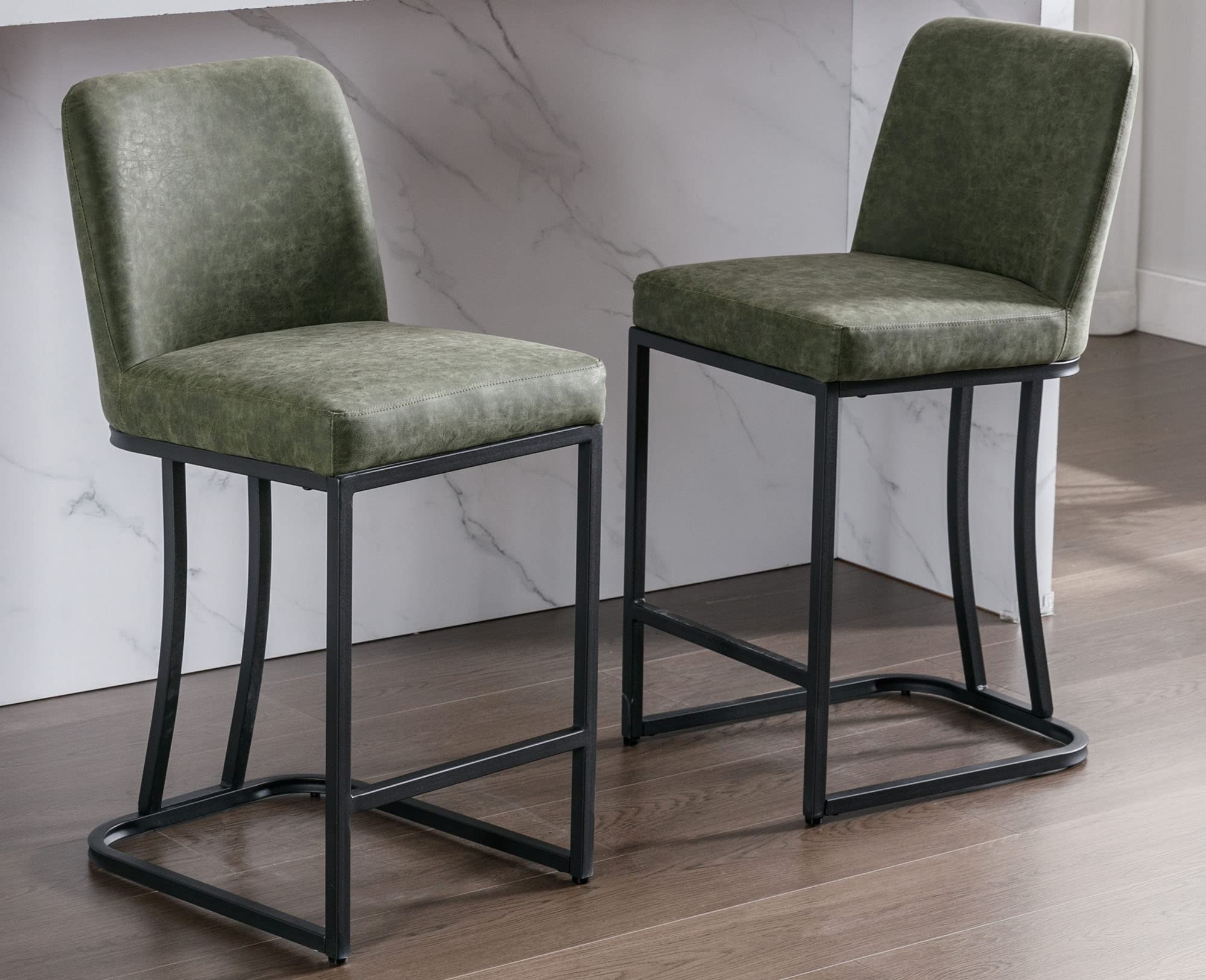 VESCASA 24" H Counter Height Barstools with Back, Mid Century Modern Faux Leather Upholstered Counter Stool Chairs with Black Metal Frame for Kitchen Island, Bar, Pub, Set of 2, Green