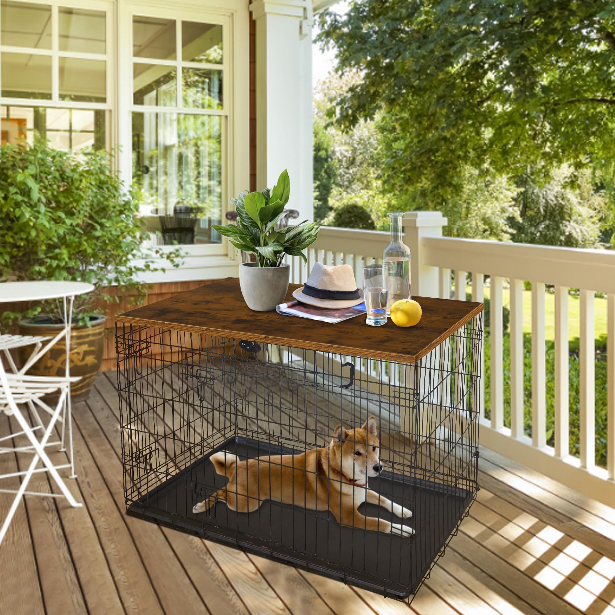HiCaptain Dog Kennel Wood Table Top, 48 inches Wooden Dog Crate Table Topper, Durable Decorative Dog Kennel Table Topper for Large Dogs Rustic Style