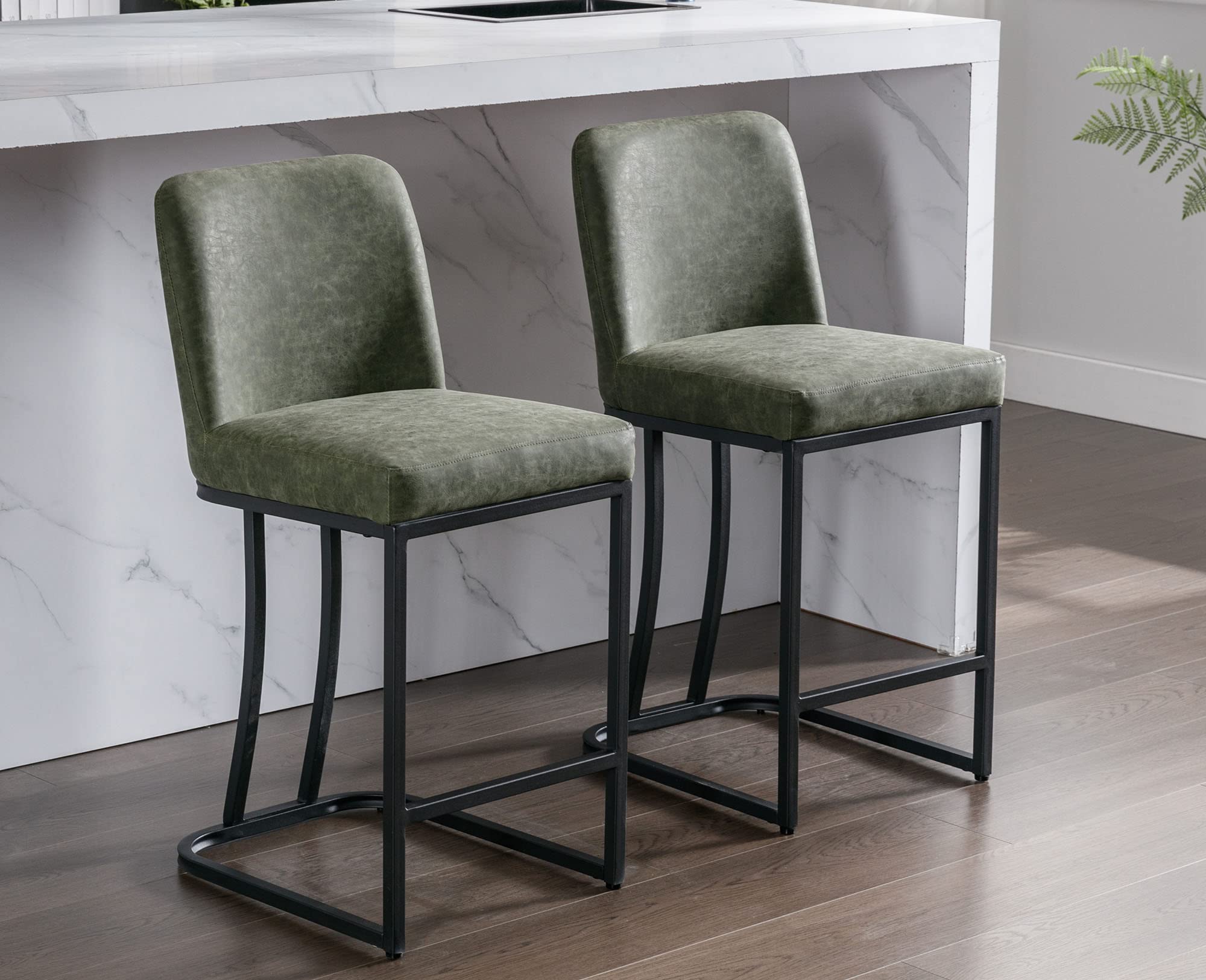 VESCASA 24" H Counter Height Barstools with Back, Mid Century Modern Faux Leather Upholstered Counter Stool Chairs with Black Metal Frame for Kitchen Island, Bar, Pub, Set of 2, Green