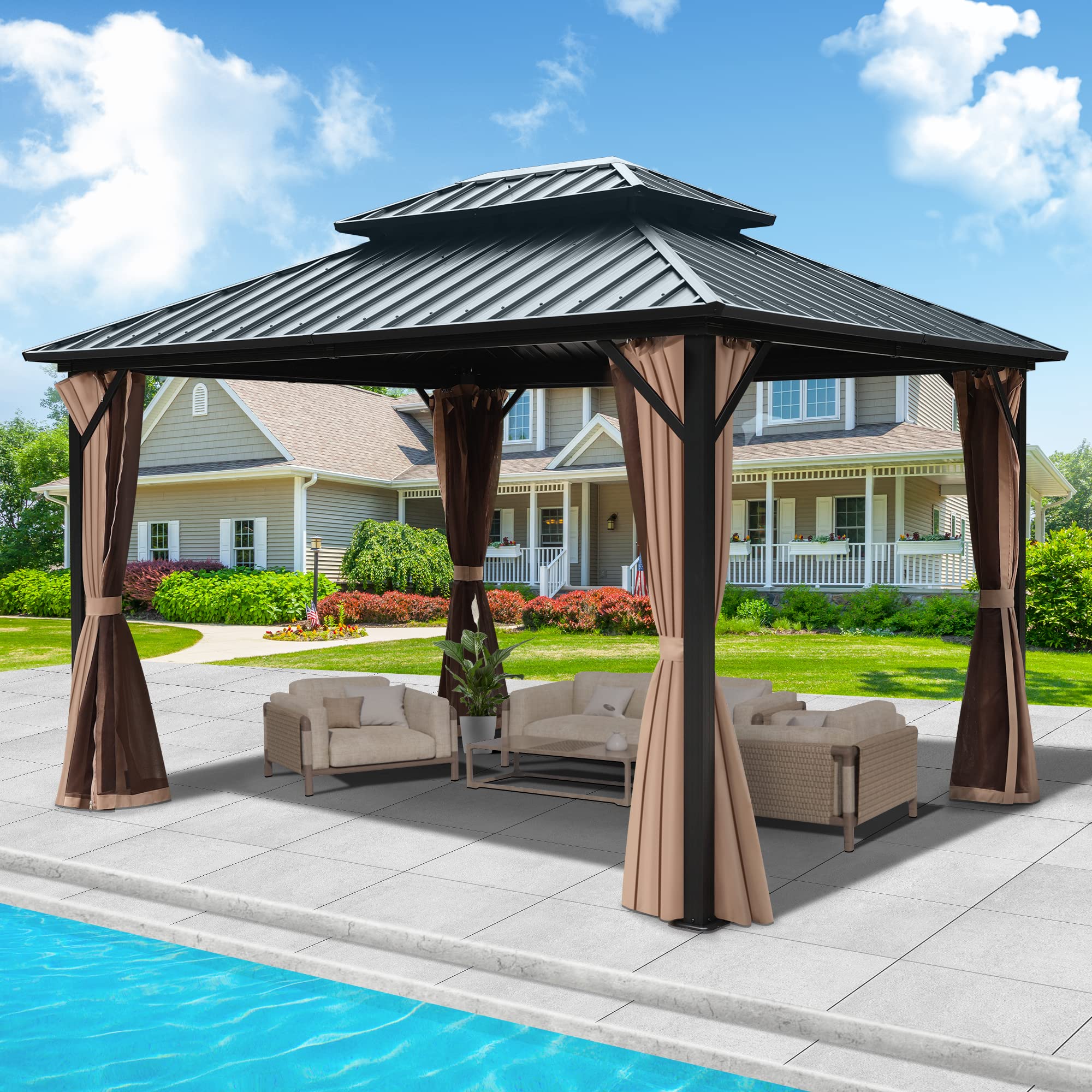 QZEN 10' x 12' Hardtop Gazebo with Netting and Curtains, Double Roof Permanent Metal Gazebo, Aluminum Frame Patio Gazebo for Backyard, Garden, Lawn and Deck
