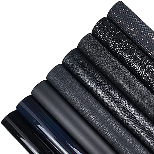 8 Pieces 8x12 Inch Faux Leather Sheets Black Fine Chunky Glitter Metallic Litchi Patent Holographic Embossing Skin Texture Fabric for Bows Earrings Making