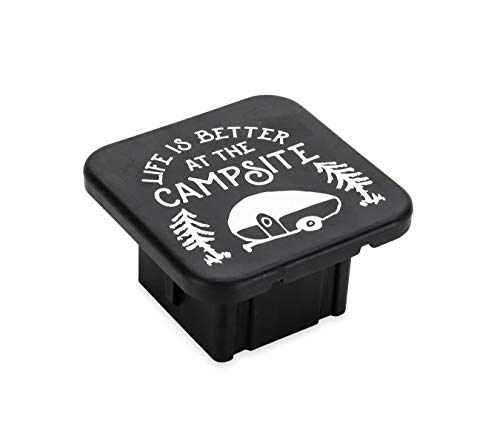 Camco Life is Better at The Campsite Hitch Receiver Cover | Protects Your Trailer Hitch Receiver from Debris, Dirt, Water and Rust | Life is Better at The Campsite Sketch Logo, Black/Silver (53410)