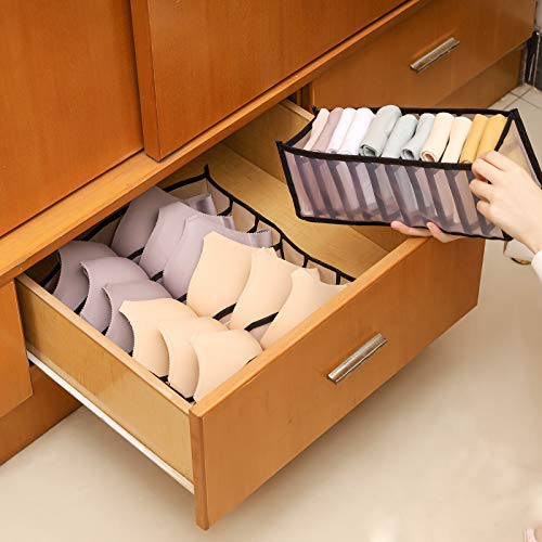 TIKHOENG Underwear Organizer, Drawer Divider For Underwear/ Socks/ Bras/ Ties, Foldable Storage Boxes, Organizers Clothes Storage With 3pcs Of 6/7/11 Compartments (Grey)