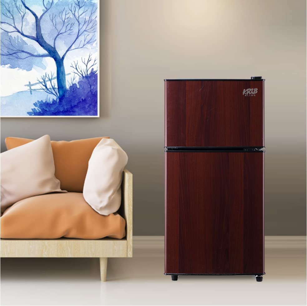 QIYO 3.5 Cu.Ft Compact Fridge-Freezer Combo, Enhanced Freshness Technology, Energy-Efficient Dual Doors, 7-Tier Temperature Control for Kitchen, Dorm, Bar, Office, Apartment - Wooden Finish