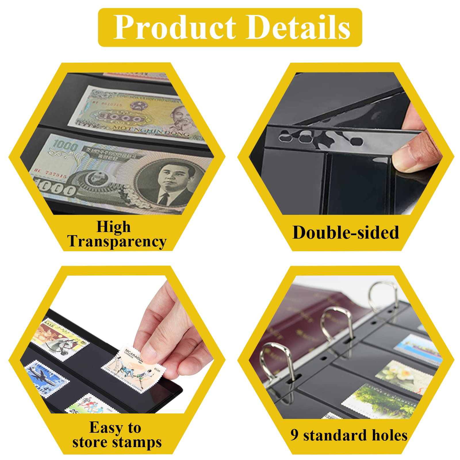 MUQING Stamp collecting storage supplies, 20 Sheets Stamp Pages Sleeves for Stamp Album Binder, Toughness Not easy to creak (1 and 2 Rows)