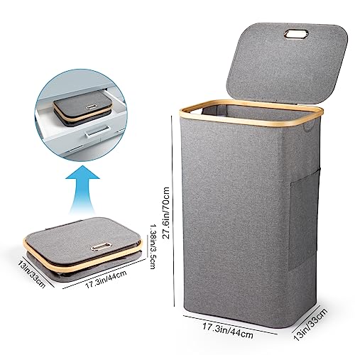 Laundry Hamper, Zekeson 100L Collapsible Laundry Basket with Lid and Handle, Clothes Basket Organizer with 2 Removable Inner Bags for Storage in Bedroom Bathroom Children's Room (Gray)