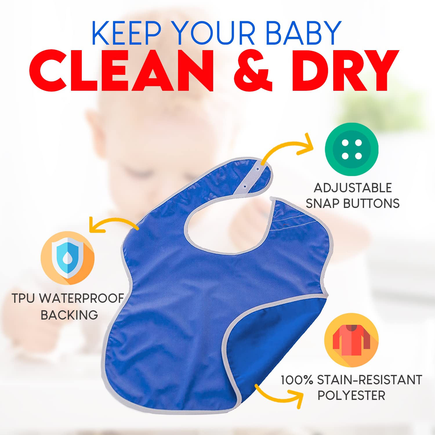 Toppy Toddler Large Waterproof Toddler Bibs with Snap Buttons - Red - 4 Bibs
