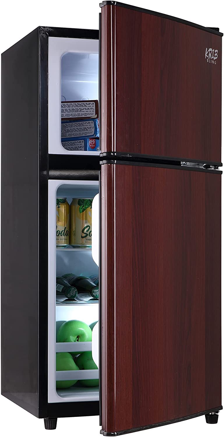 QIYO 3.5 Cu.Ft Compact Fridge-Freezer Combo, Enhanced Freshness Technology, Energy-Efficient Dual Doors, 7-Tier Temperature Control for Kitchen, Dorm, Bar, Office, Apartment - Wooden Finish