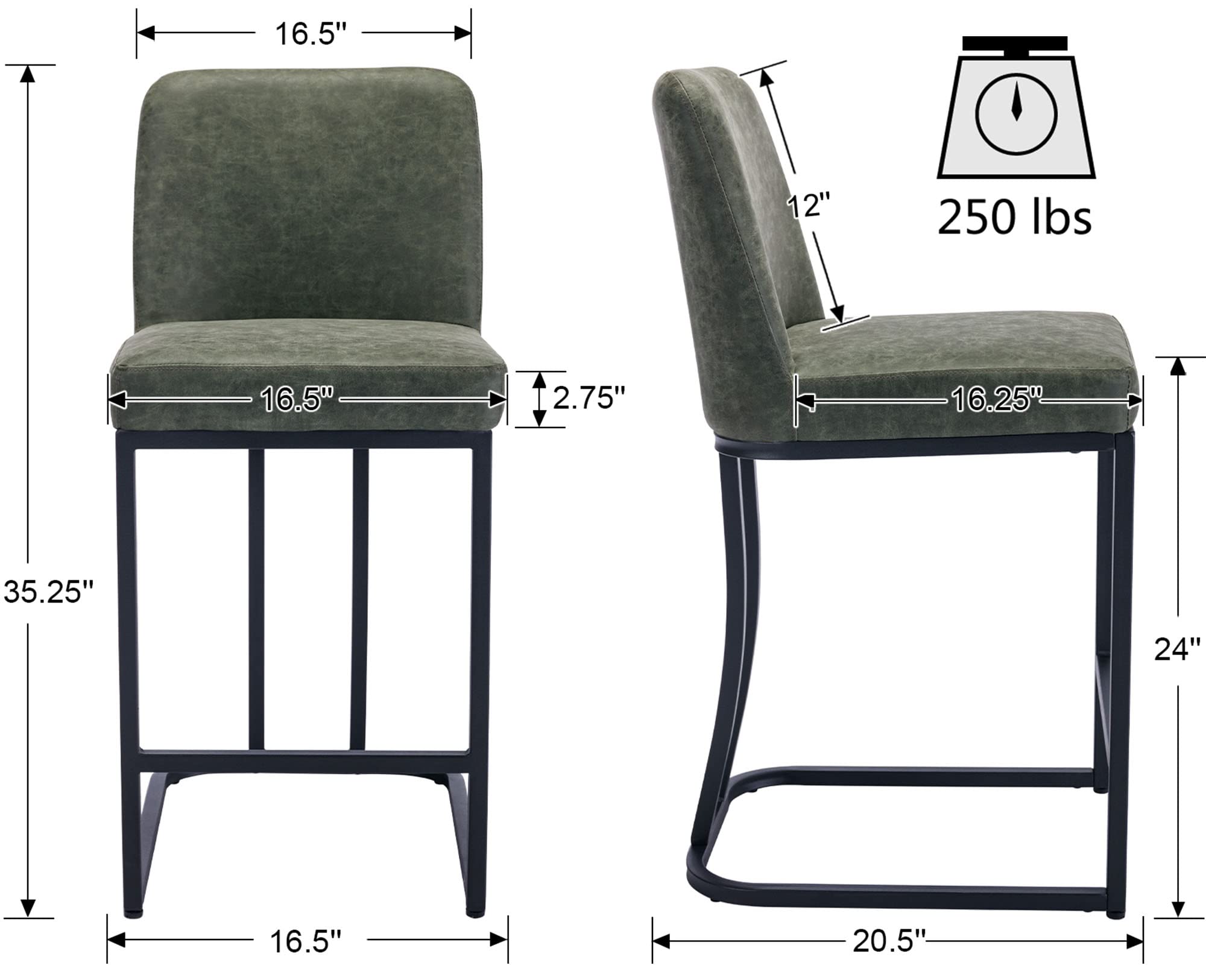 VESCASA 24" H Counter Height Barstools with Back, Mid Century Modern Faux Leather Upholstered Counter Stool Chairs with Black Metal Frame for Kitchen Island, Bar, Pub, Set of 2, Green