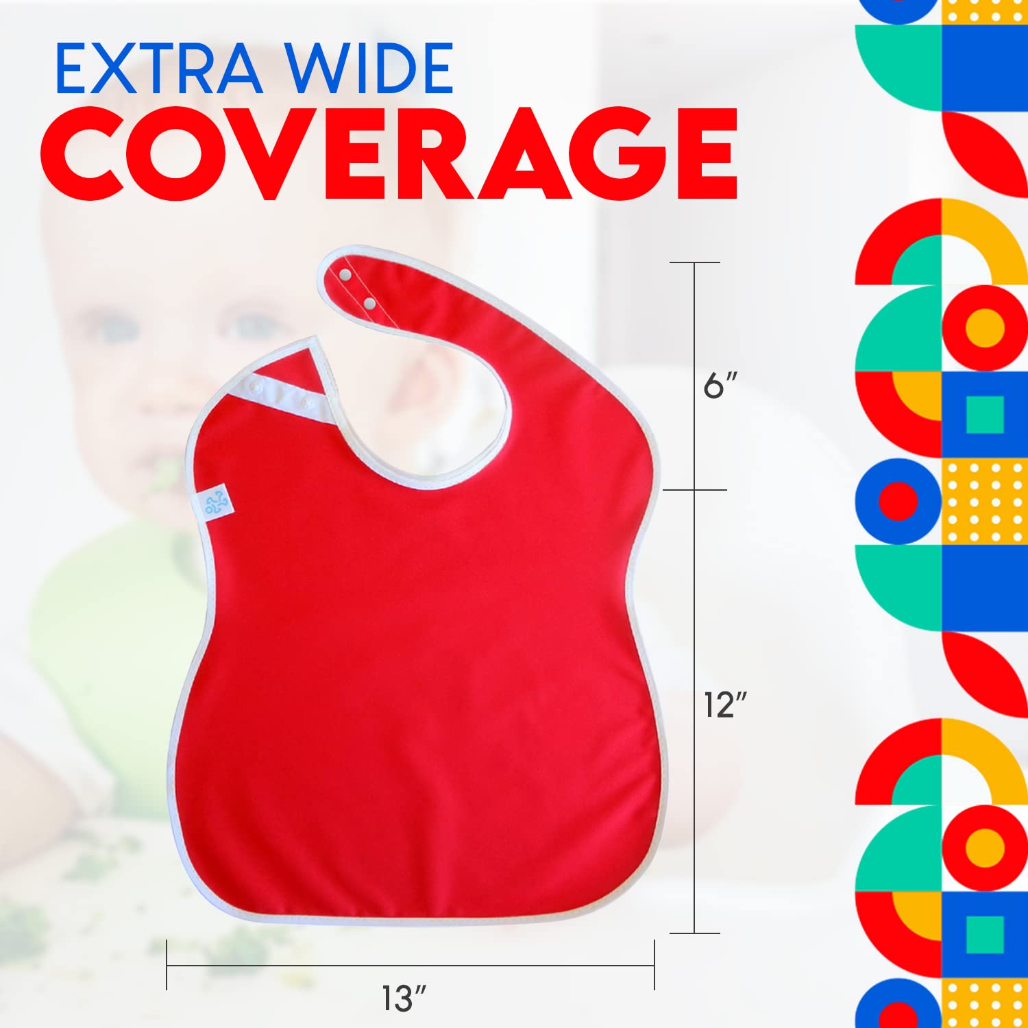 Toppy Toddler Large Waterproof Toddler Bibs with Snap Buttons - Red - 4 Bibs