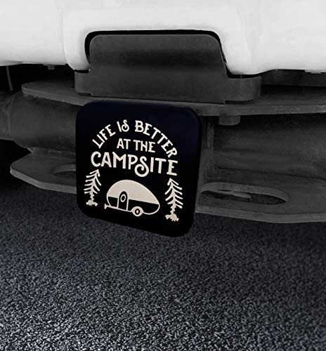 Camco Life is Better at The Campsite Hitch Receiver Cover | Protects Your Trailer Hitch Receiver from Debris, Dirt, Water and Rust | Life is Better at The Campsite Sketch Logo, Black/Silver (53410)
